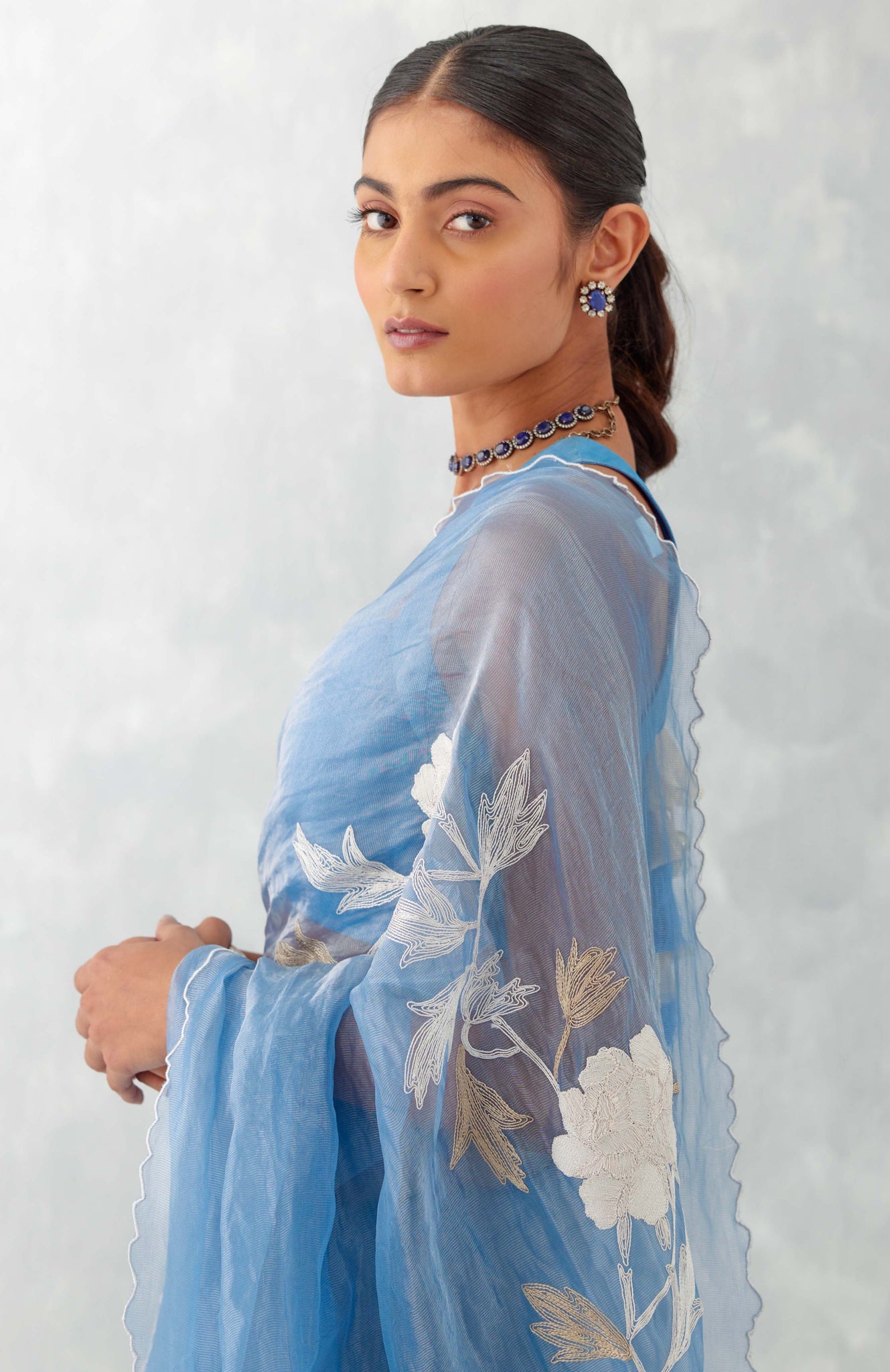 Devnaagri - Ice Blue Embroidered Shimmer Organza Saree