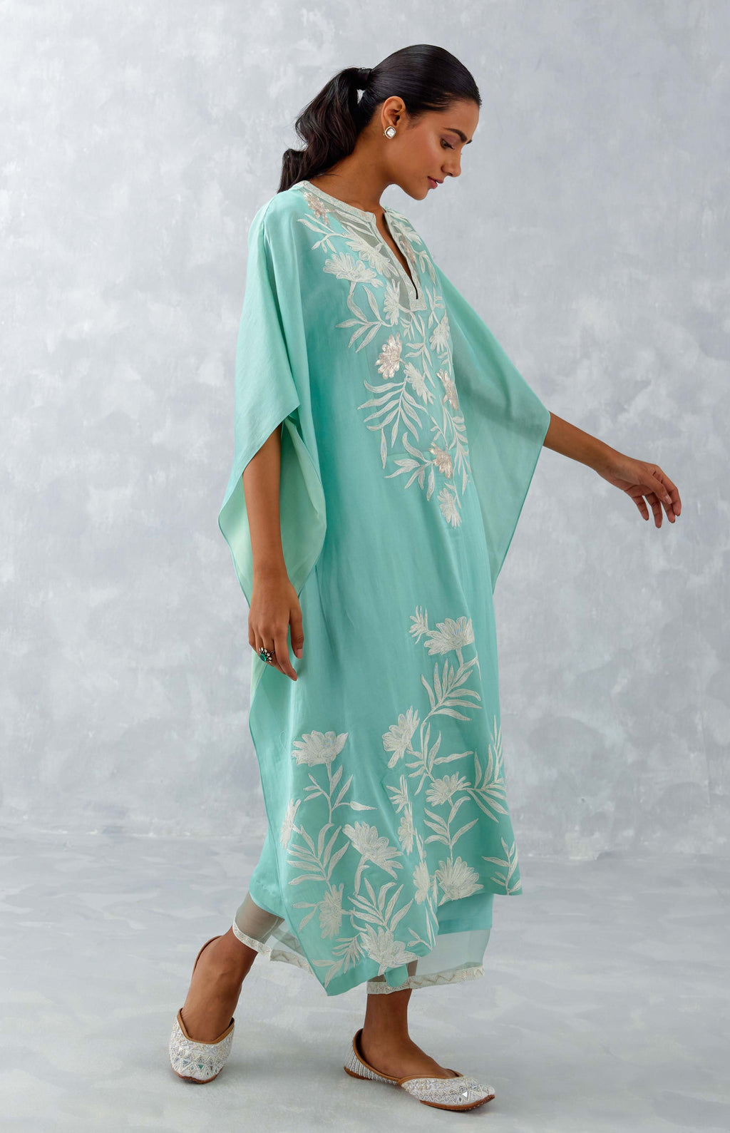 Devnaagri - Aqua Blue Embroidered Cotton Silk Satin Kaftan Set