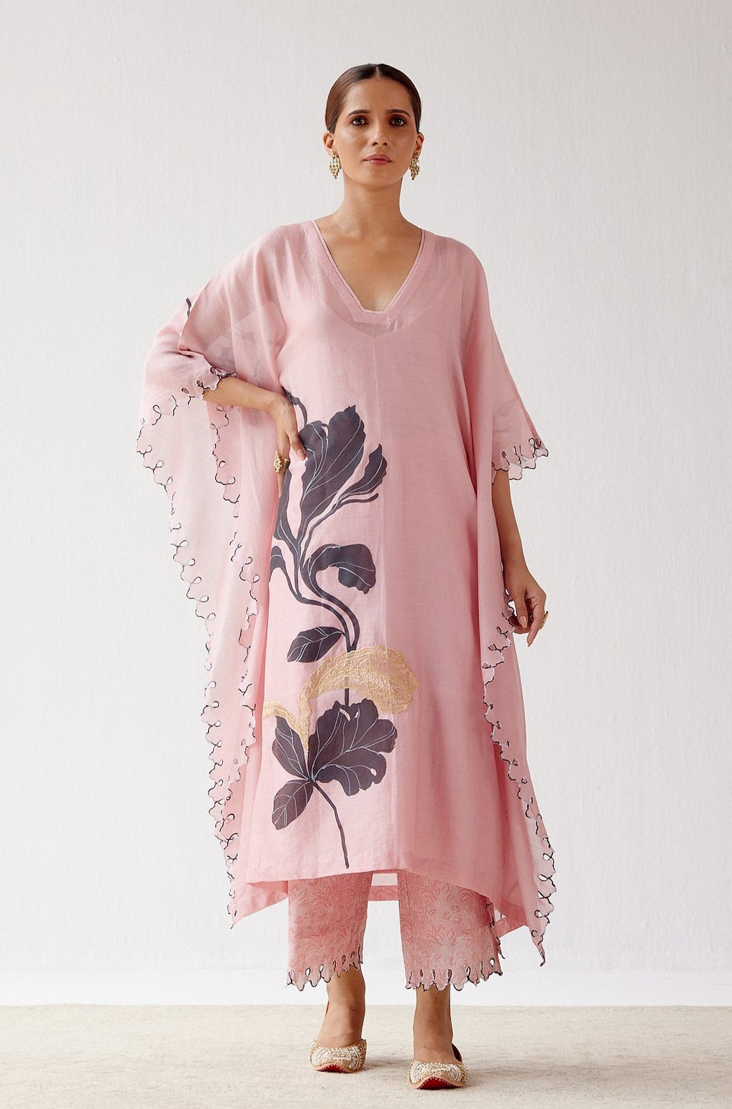 Devnaagri - Pink Hand Painted Chanderi Kaftan Set